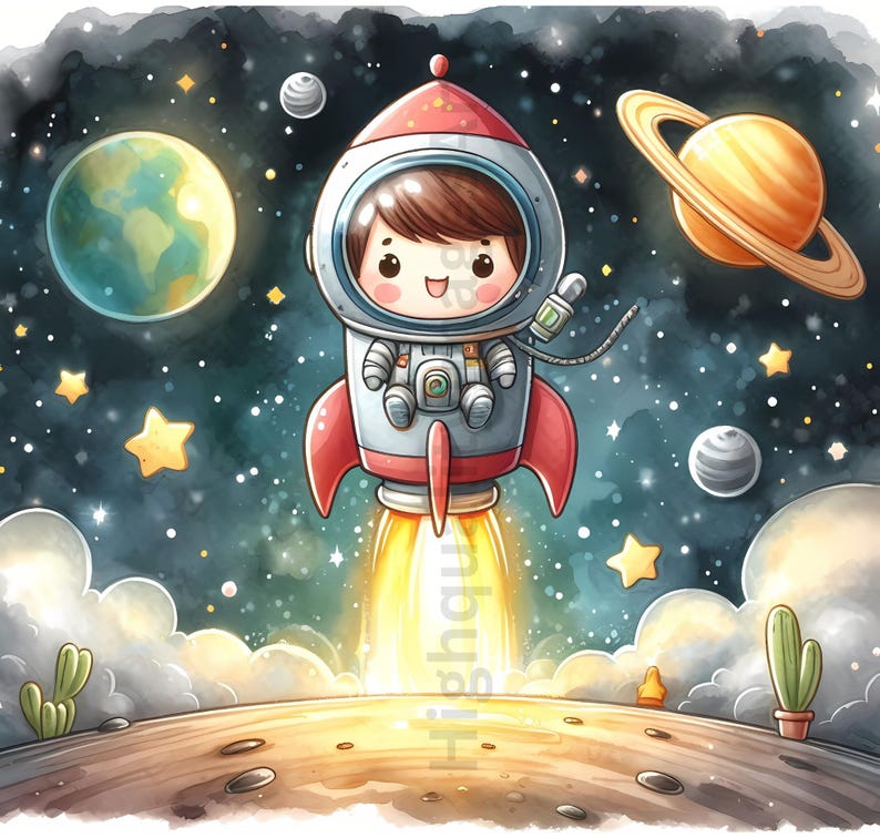 Cute Rocket Space Clipart Bundle, Watercolor Boy Astronaut Images, Moon ...