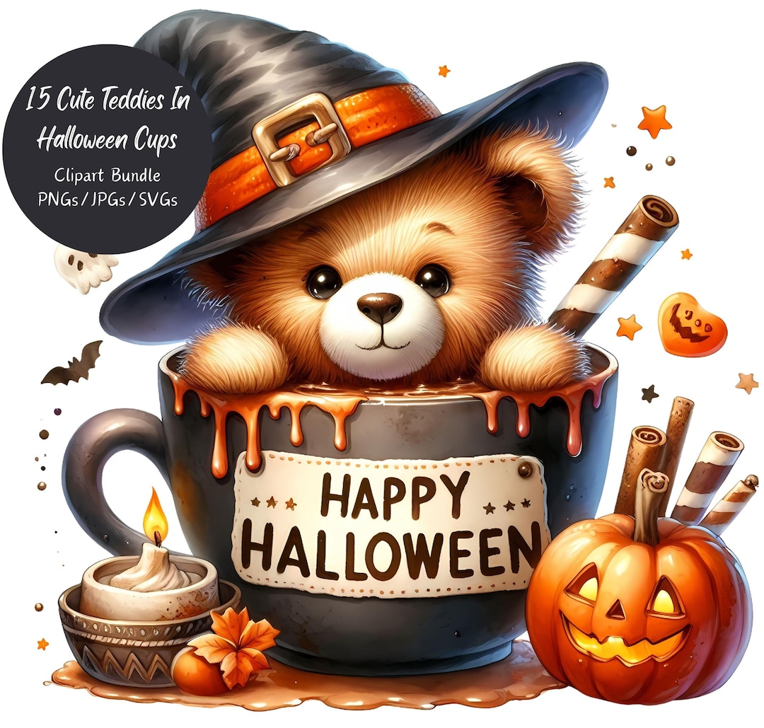 Cute Halloween Teddy Bears in Cups, Watercolor Clipart Bundle, Mug ...