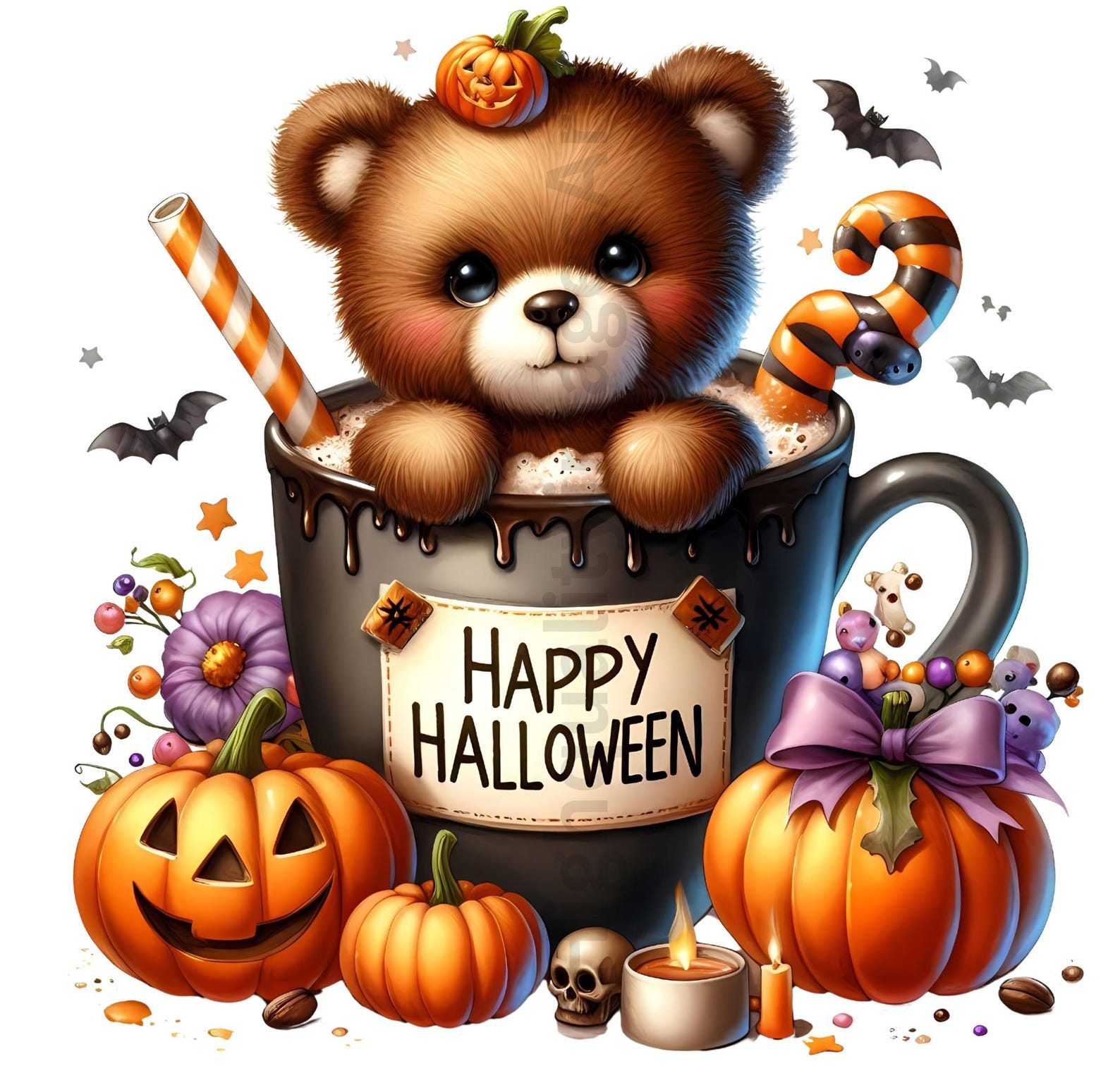 Cute Halloween Teddy Bears in Cups, Watercolor Clipart Bundle, Mug ...