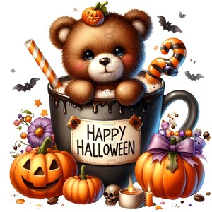 Cute Halloween Teddy Bears in Cups, Watercolor Clipart Bundle, Mug ...