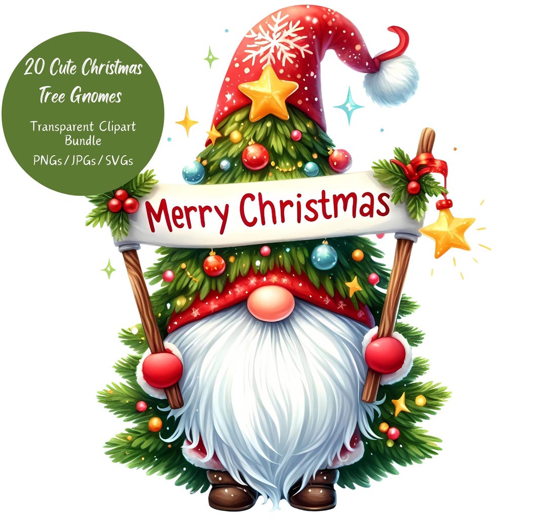 Cute Christmas Tree Gnomes, Gnomes Trees Clipart Bundle, Watercolor ...