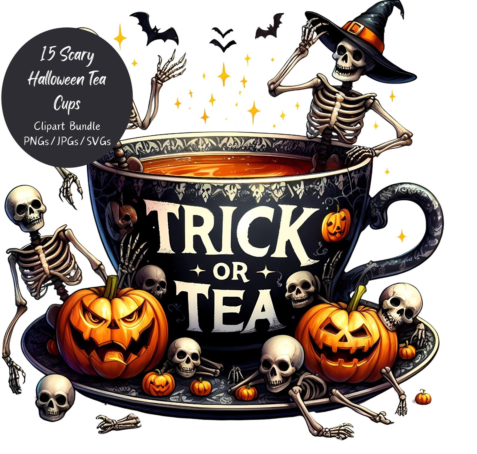 Scary Halloween Tea Cups, Watercolor Clipart Bundle, Cute the Mug ...