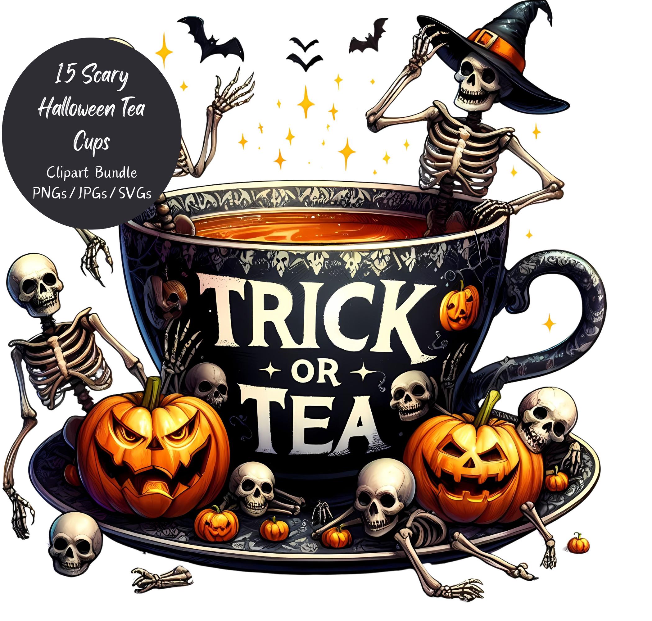 Scary Halloween Tea Cups, Watercolor Clipart Bundle, Cute the Mug ...