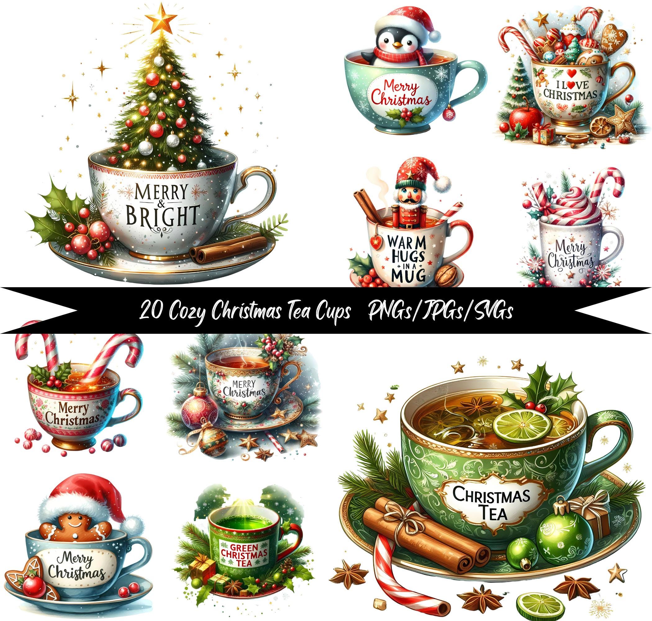 Cozy Christmas Tea Cups, Watercolor Clipart Bundle, Digital Mug ...