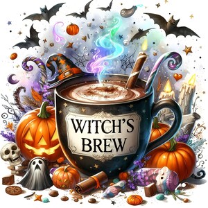 Scary Halloween Cocoa Cups, Watercolor Clipart Bundle, Mug Halloween ...