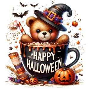 Cute Halloween Teddy Bears in Cups, Watercolor Clipart Bundle, Mug ...