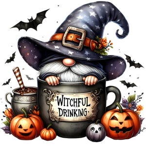 Cute Halloween Gnomes in Cups, Watercolor Clipart Bundle, Halloween Mug ...