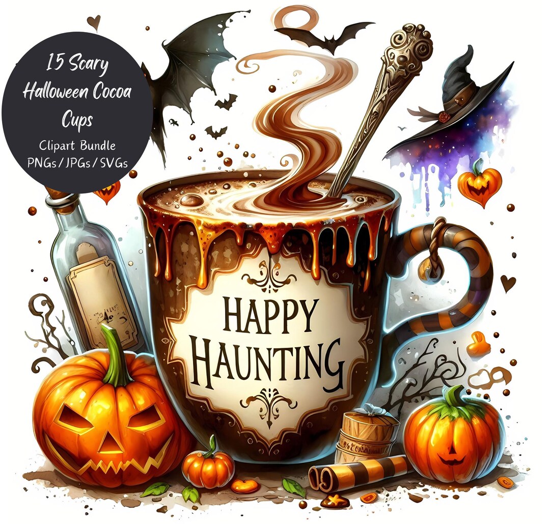 Scary Halloween Cocoa Cups, Watercolor Clipart Bundle, Mug Halloween ...