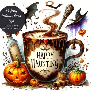 Scary Halloween Cocoa Cups, Watercolor Clipart Bundle, Mug Halloween ...