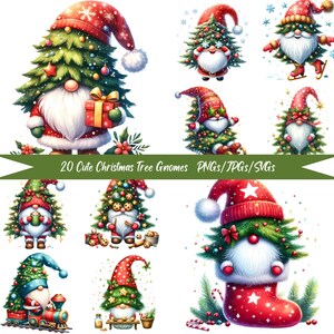 Cute Christmas Tree Gnomes, Gnomes Trees Clipart Bundle, Watercolor ...