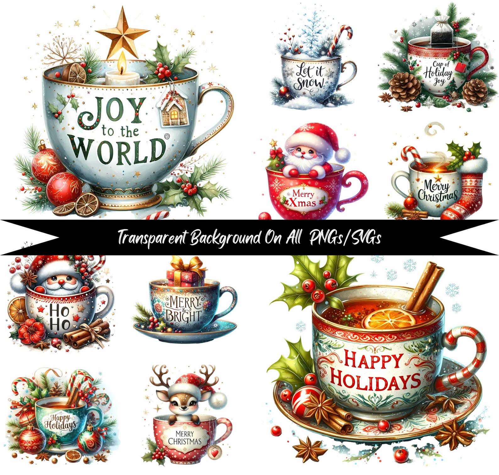 Cozy Christmas Tea Cups, Watercolor Clipart Bundle, Digital Mug ...