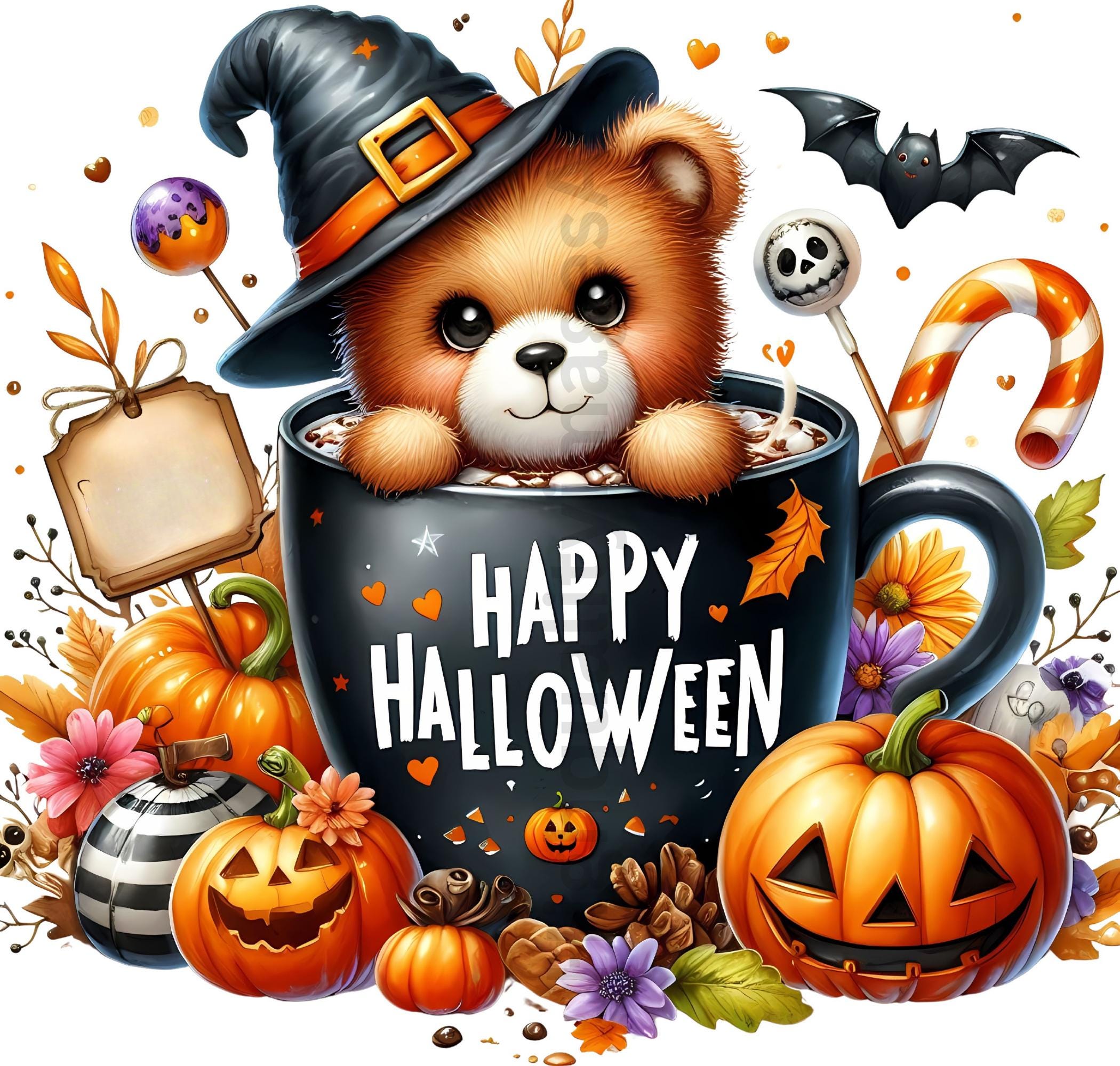 Cute Halloween Teddy Bears in Cups, Watercolor Clipart Bundle, Mug ...