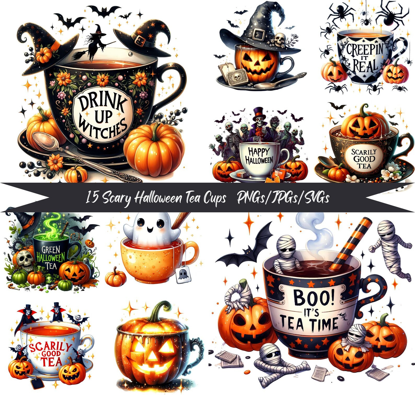 Scary Halloween Tea Cups, Watercolor Clipart Bundle, Cute the Mug ...