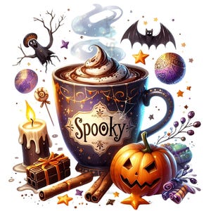 Scary Halloween Cocoa Cups, Watercolor Clipart Bundle, Mug Halloween ...