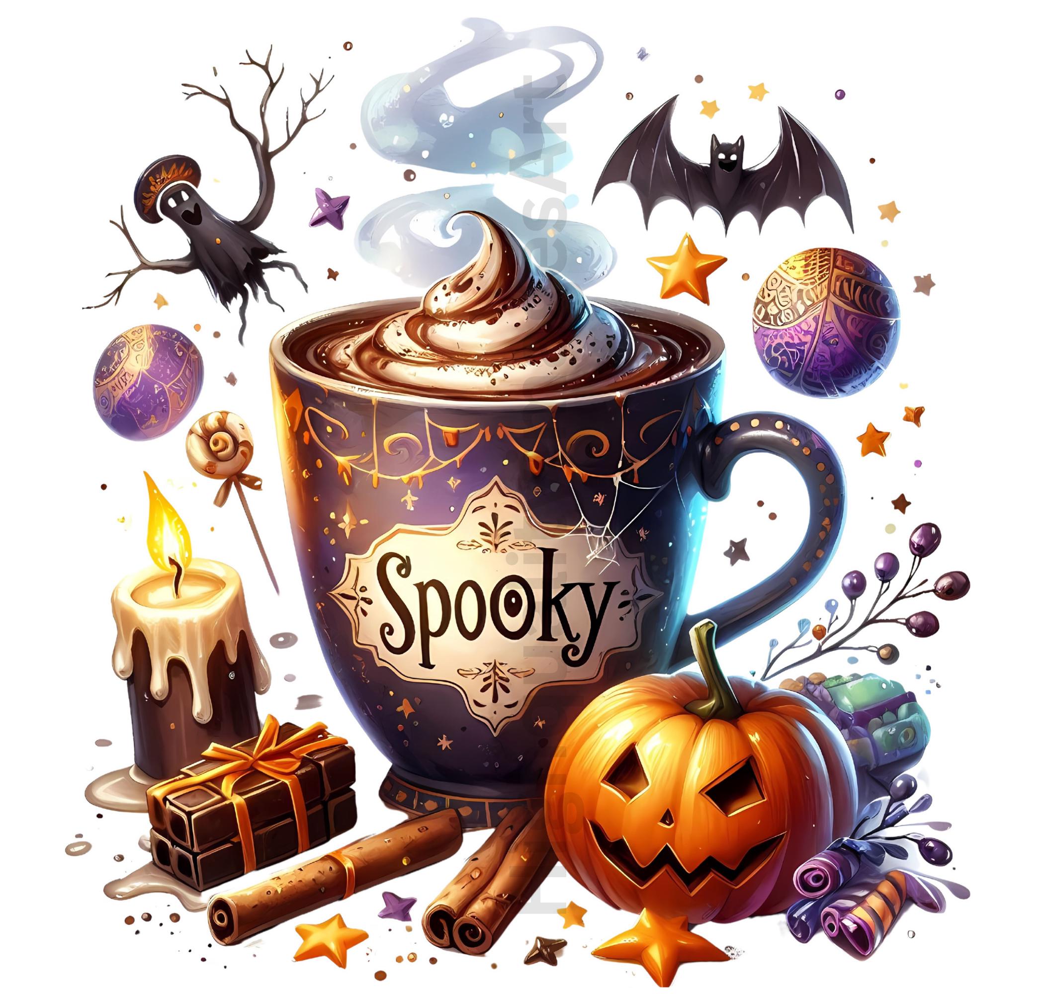 Scary Halloween Cocoa Cups, Watercolor Clipart Bundle, Mug Halloween ...