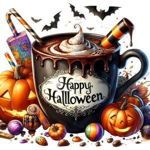 Scary Halloween Cocoa Cups, Watercolor Clipart Bundle, Mug Halloween ...