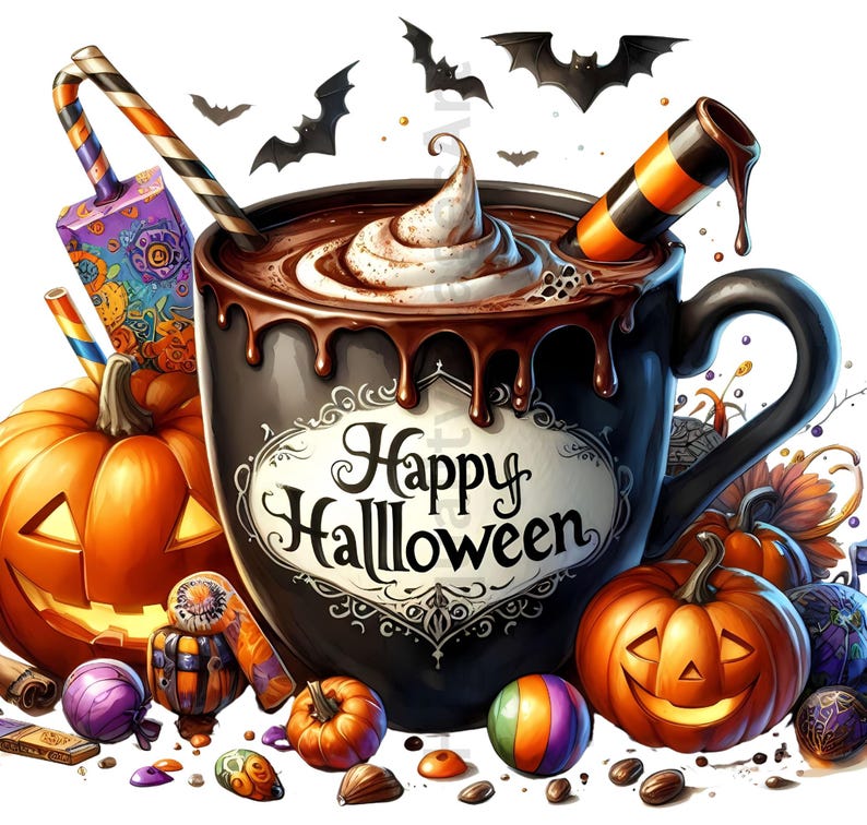 Scary Halloween Cocoa Cups, Watercolor Clipart Bundle, Mug Halloween ...