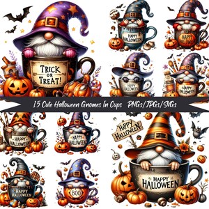 Cute Halloween Gnomes in Cups, Watercolor Clipart Bundle, Halloween Mug ...