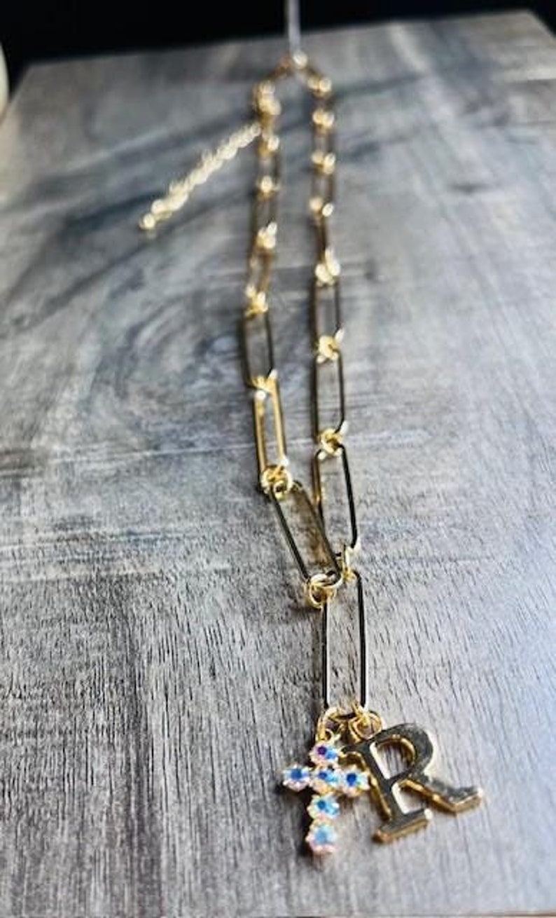 14k Gold Paperclip Chain With Personalized Initial and Mini Cubic ...