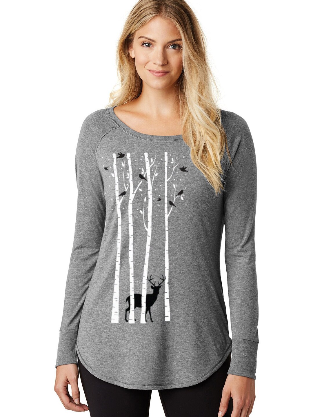 Hand Screen Printed Birch Tree Tunic, Deer and Birds, Vintage Grey - Etsy