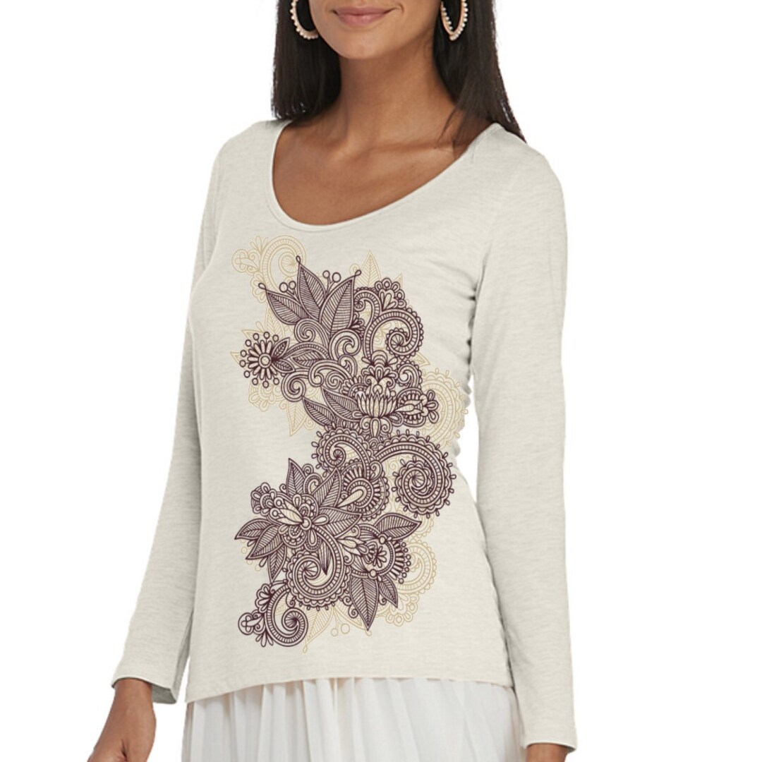 Henna Mehndi Print Long Sleeve Tee, Scoop Neck, Boho Top - Etsy