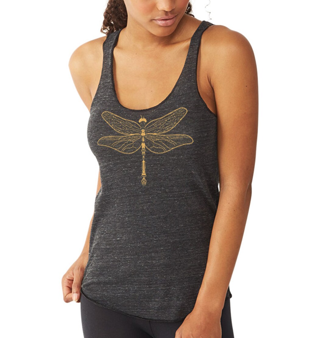 Dragonfly Black Tank Top, Gold Print Steampunk, Jeweled Dragonfly ...