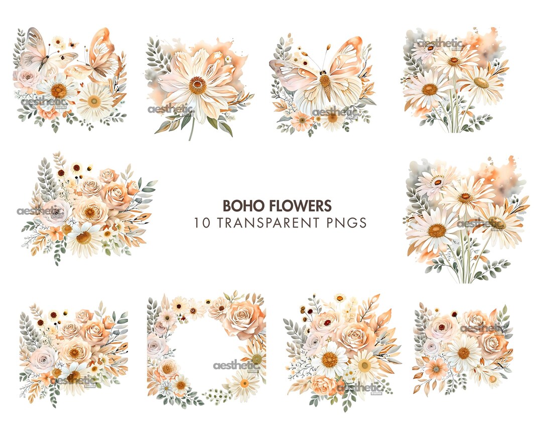 Boho Floral PNG Clipart Set: Bohemian Bliss Designs (digital Download ...