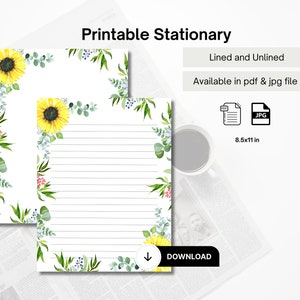 Printable Stationary, Lined and Unlined, Sunflower Stationary, Floral ...