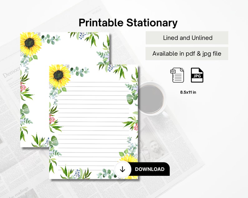 Printable Stationary, Lined and Unlined, Sunflower Stationary, Floral ...