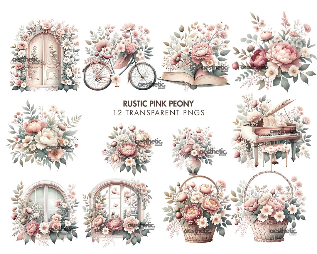 Charming Pink Peony & Rustic Floral Clip Art - Etsy