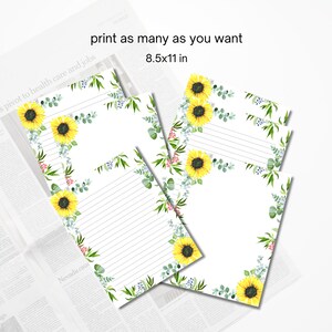 Printable Stationary, Lined and Unlined, Sunflower Stationary, Floral ...