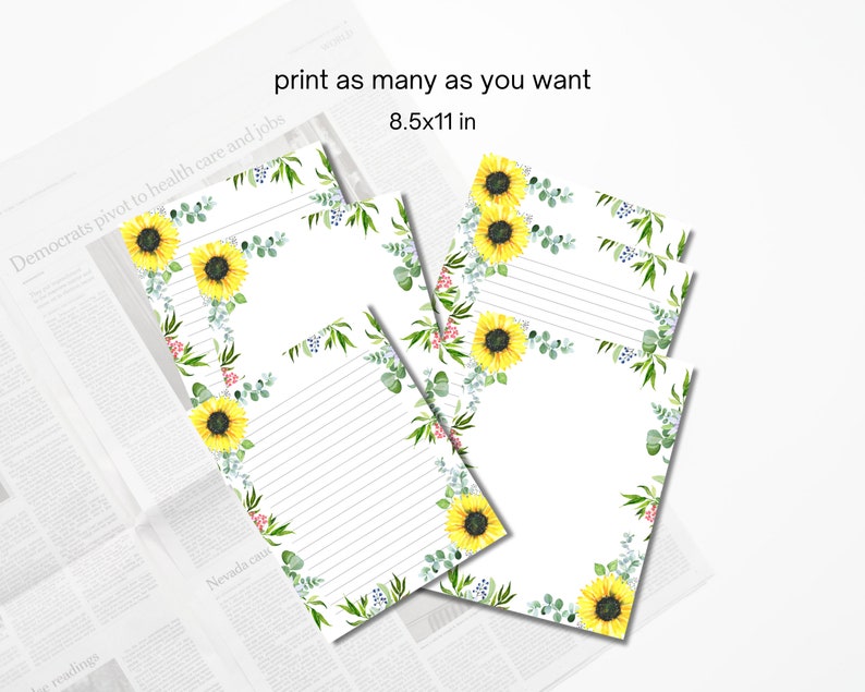 Printable Stationary, Lined and Unlined, Sunflower Stationary, Floral ...