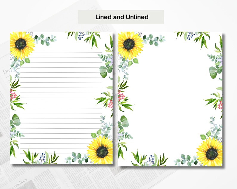 Printable Stationary, Lined and Unlined, Sunflower Stationary, Floral ...