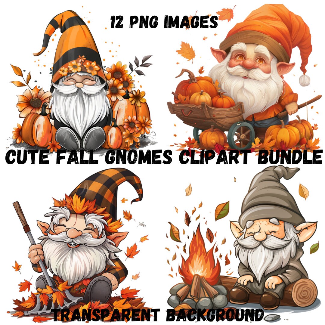 Fall Gnomes Clipart 12 PNG Cute Autumn Gnomes, Pumpkin Gnomes, Instant ...