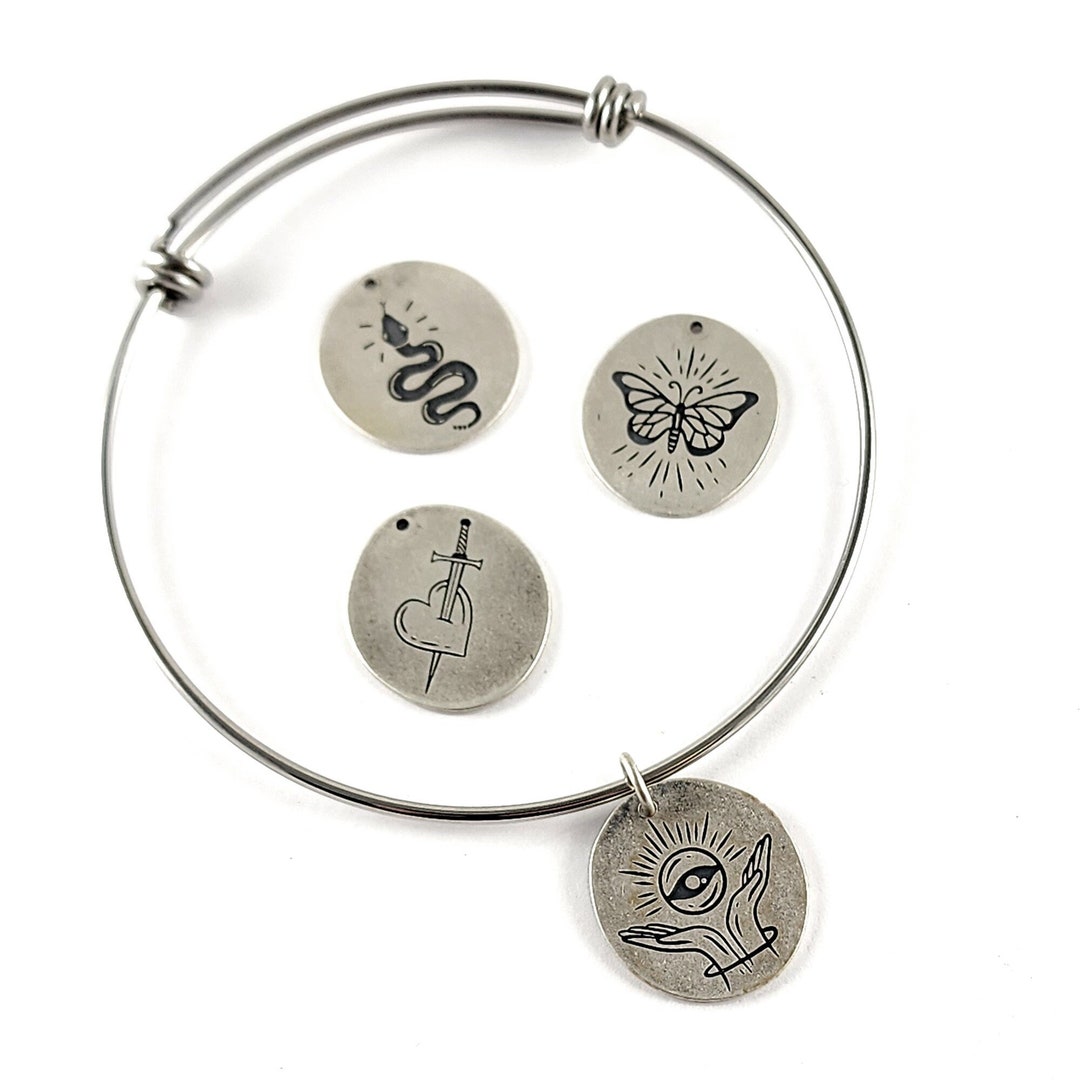 Recycled Coin Silver Mystic Tattoo Engraved Large Charm Bracelet - Etsy
