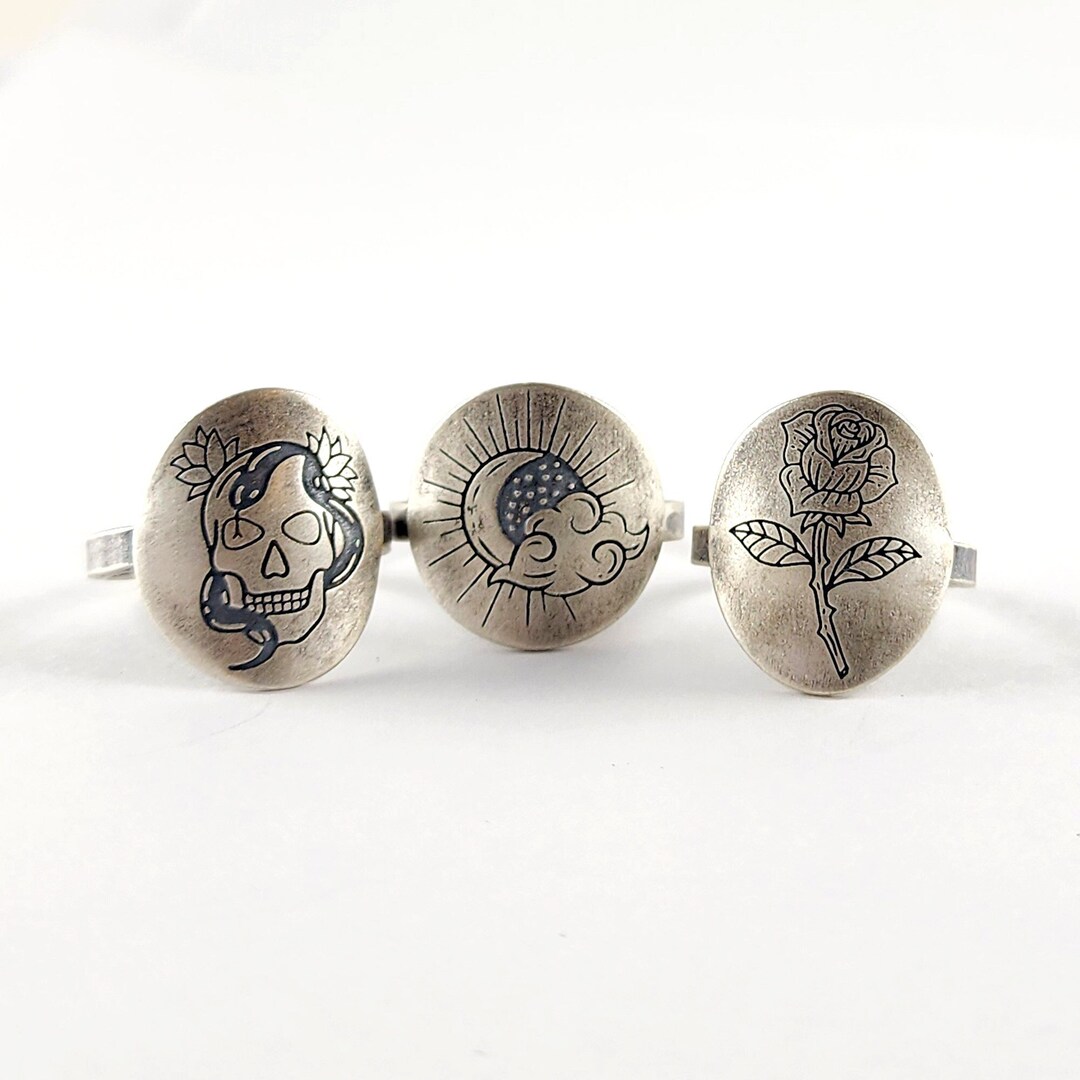Recycled Coin Silver Mystic Tattoo Engraved Saddle Ring - Etsy