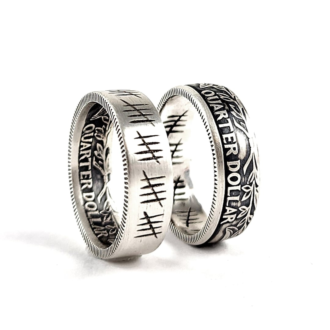90% Silver Engraved 25 Tally Mark Quarter Ring - 25th Anniversary Gift ...