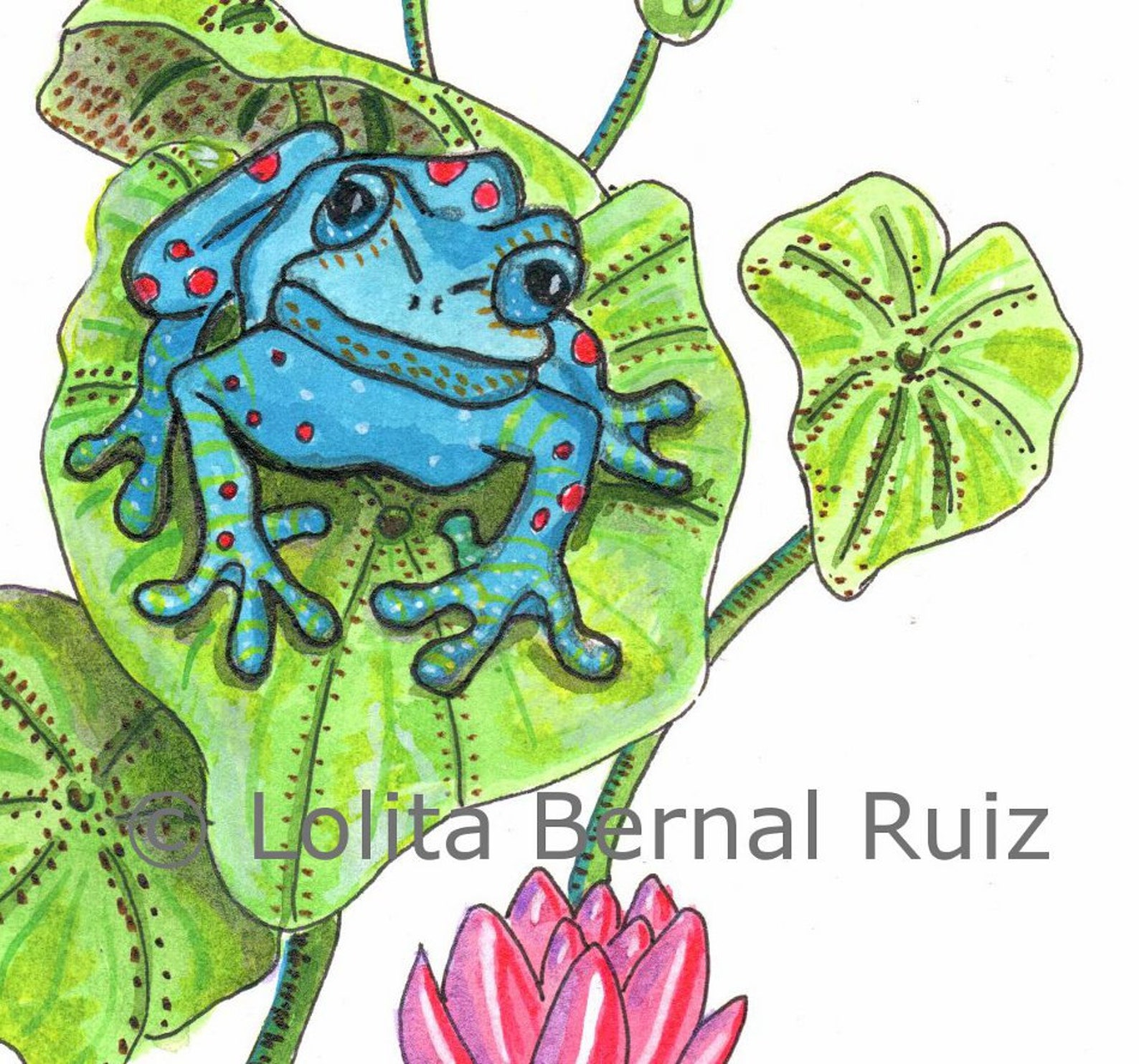 Blue Frog on Lily Pad Painting Amphibian Art, Pink Flowers Gift for Mom ...