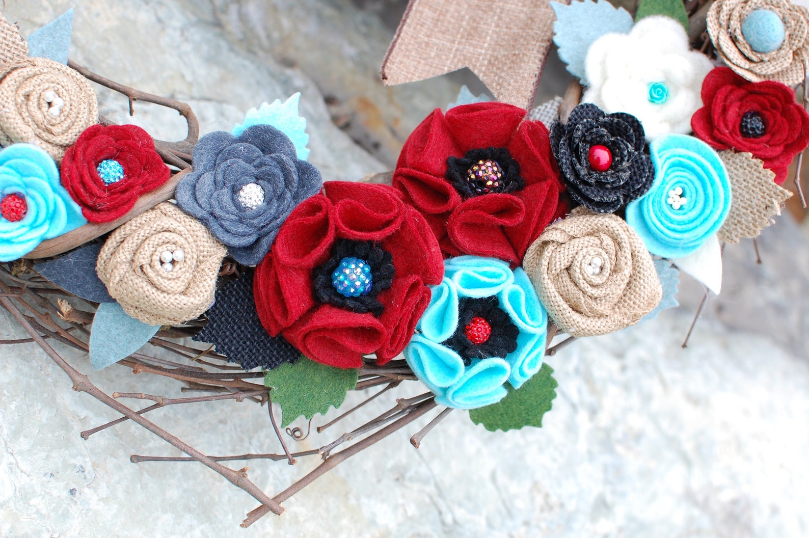 Red and Aqua Felt Poppy Front Door Wreath, Red Poppy Decor, Red Poppy ...