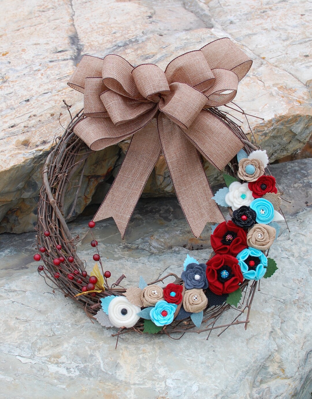 Red and Aqua Felt Poppy Front Door Wreath, Red Poppy Decor, Red Poppy ...