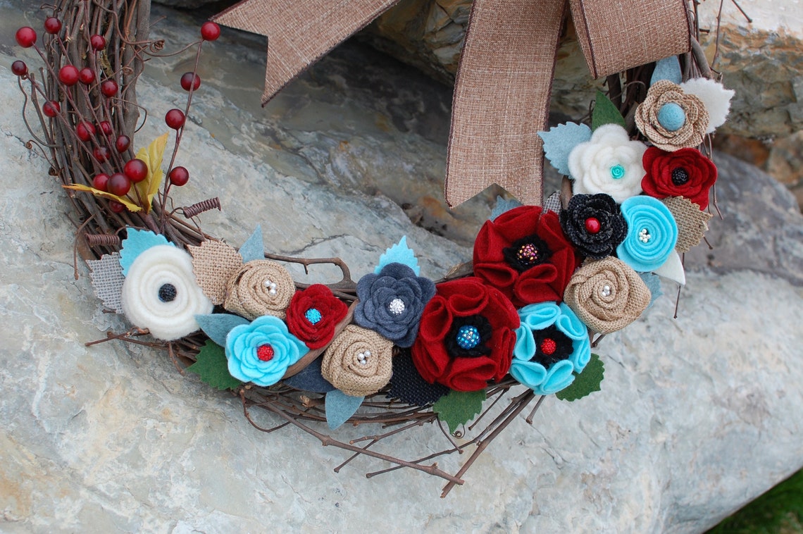 Red and Aqua Felt Poppy Front Door Wreath, Red Poppy Decor, Red Poppy ...