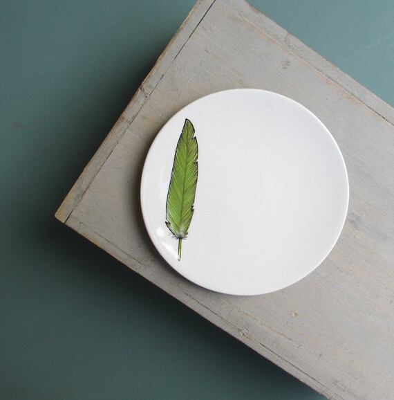 Items similar to Ceramic green bird feather plate, tribal gift for him ...