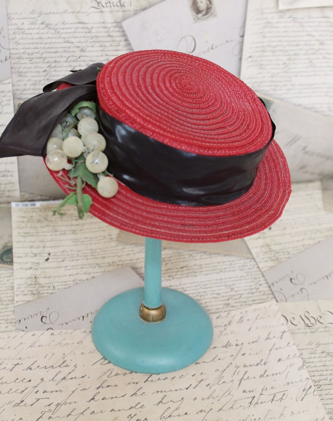 Vintage Cardinal Red Straw Hat With Grapes Wieboldt's New York Label ...
