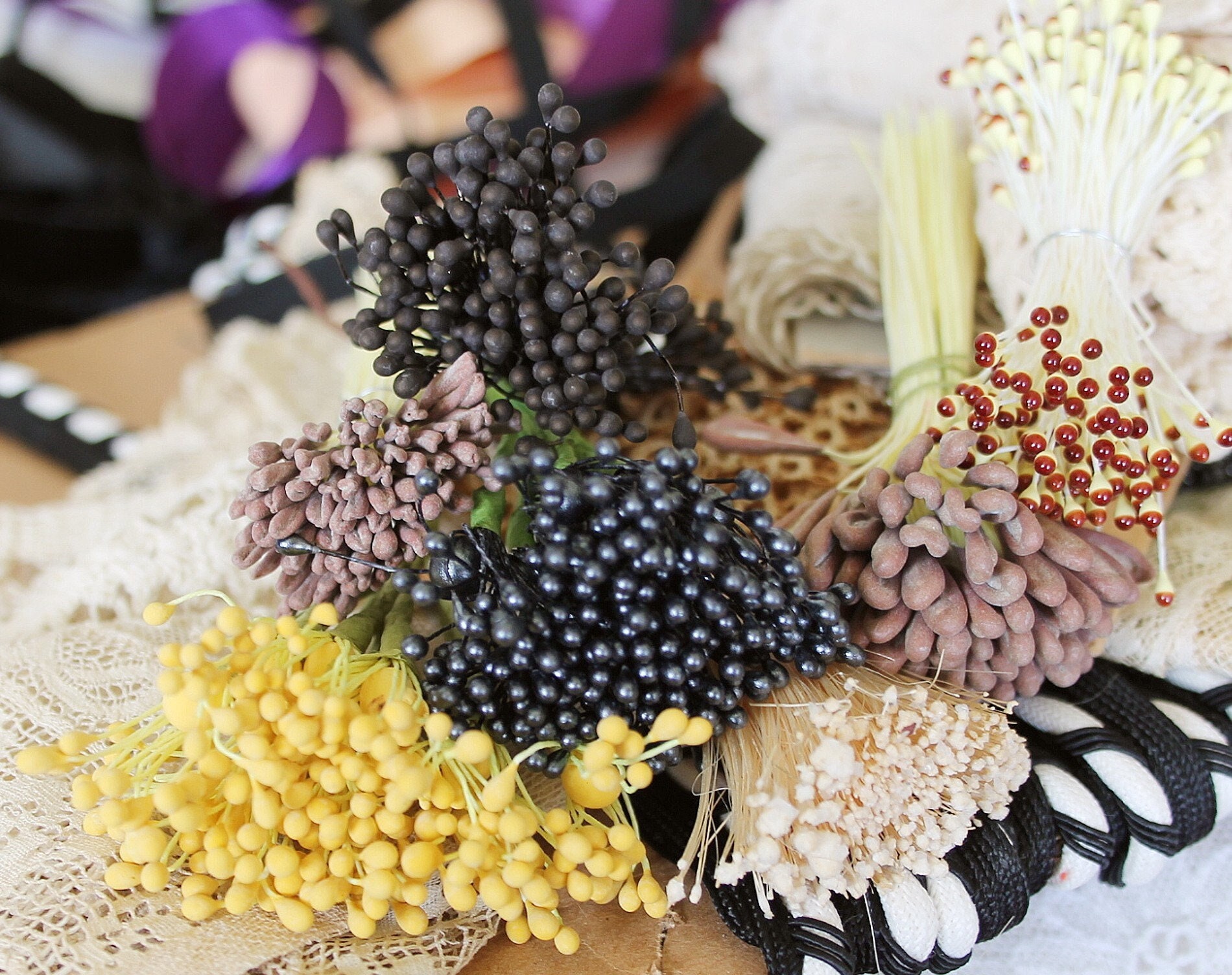 Lot of 7 Autumn Fall Harvest Halloween Vintage Millinery Stamen Peps ...