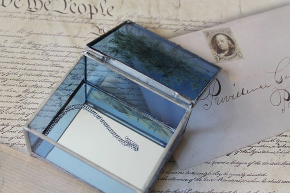 Vintage Blue Glass Trinket Box with Mirrored Bottom Storage ...