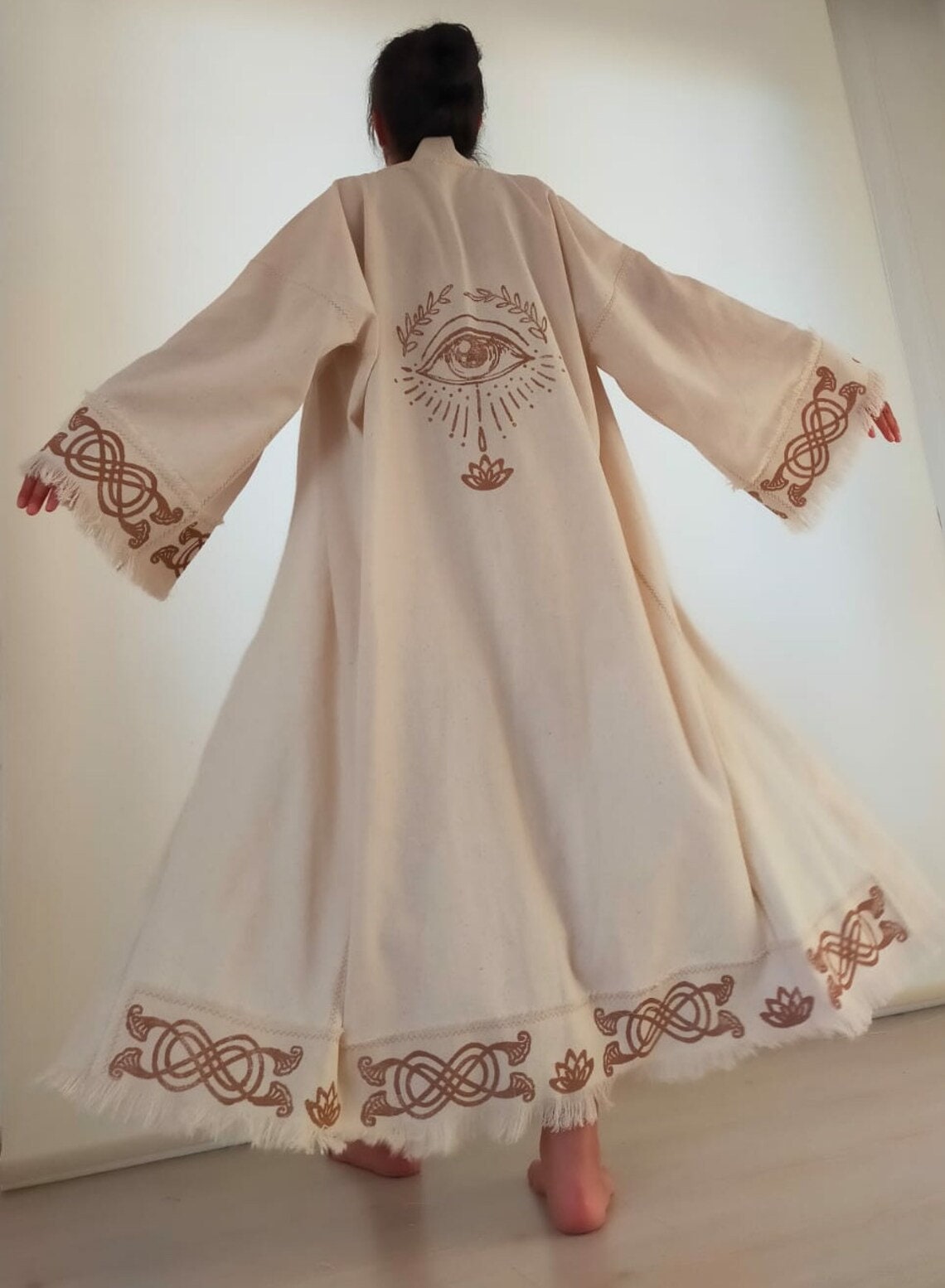 Handcrafted Long Kimono With Eye Symbol, Knot Patterns, and Lotus ...