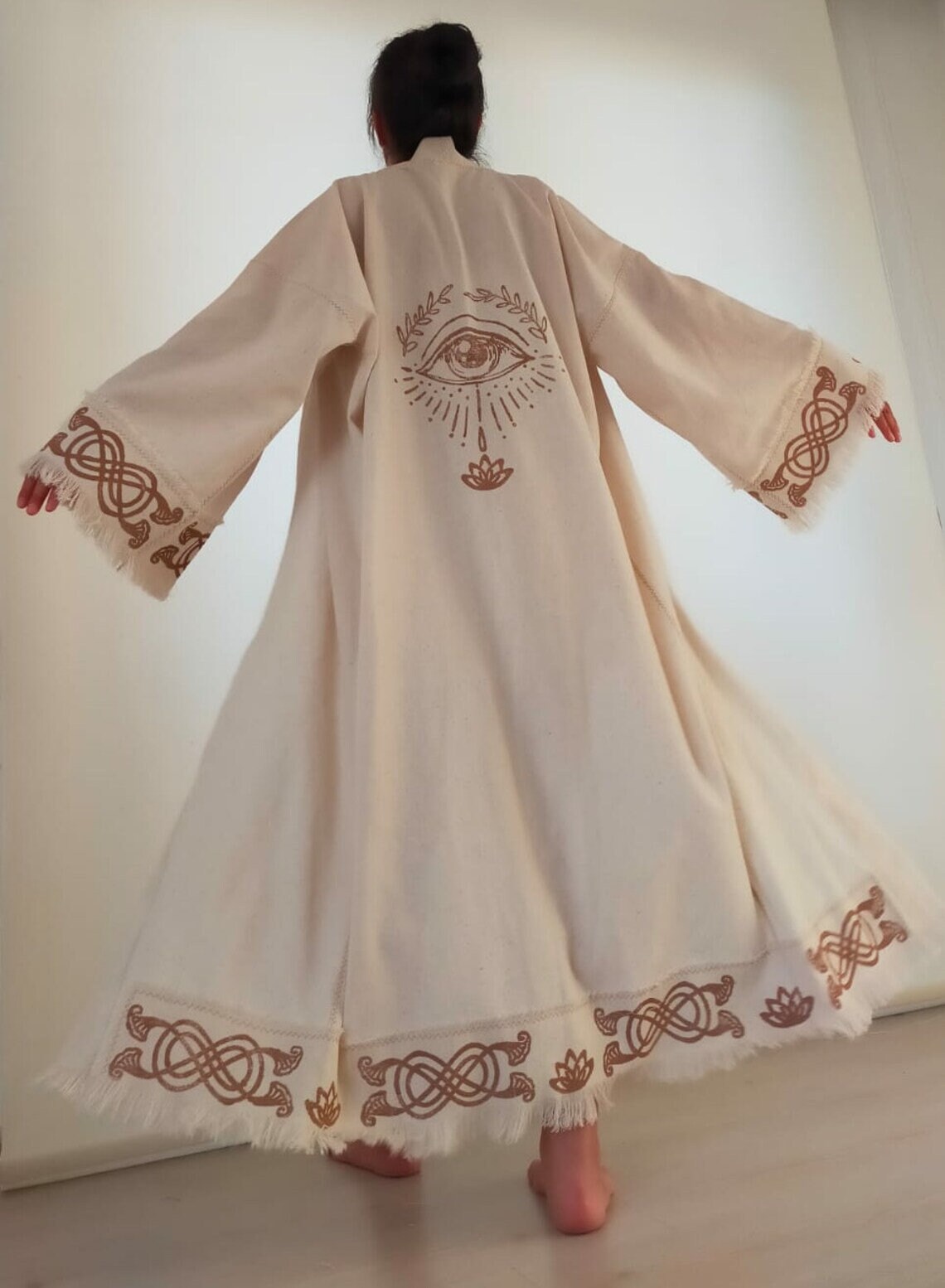 Handcrafted Long Kimono With Eye Symbol, Knot Patterns, and Lotus ...