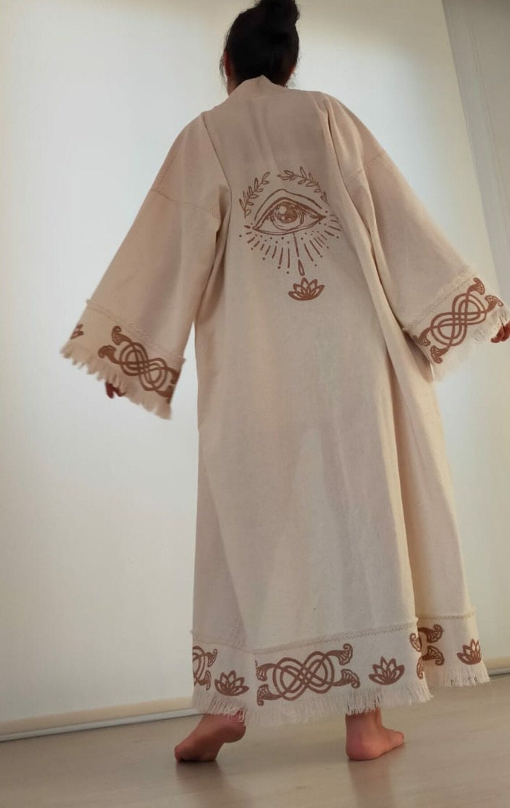 Handcrafted Long Kimono With Eye Symbol, Knot Patterns, and Lotus ...