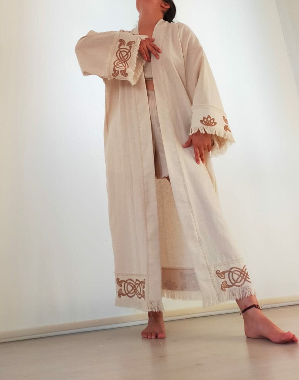 Handcrafted Long Kimono With Eye Symbol, Knot Patterns, and Lotus ...