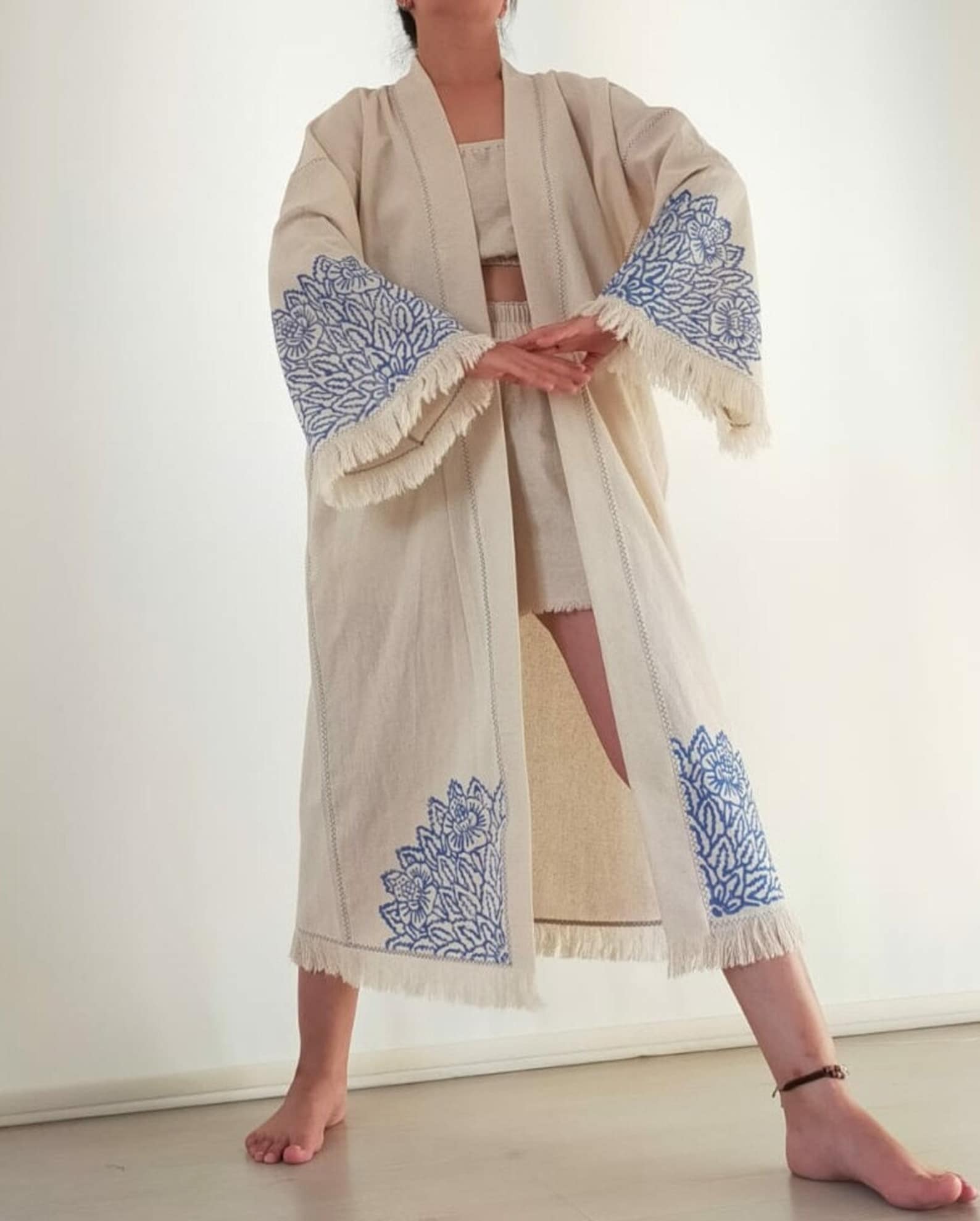 Hand-embroidered Boho Chic Long Kimono With Blue Floral Motifs - Etsy